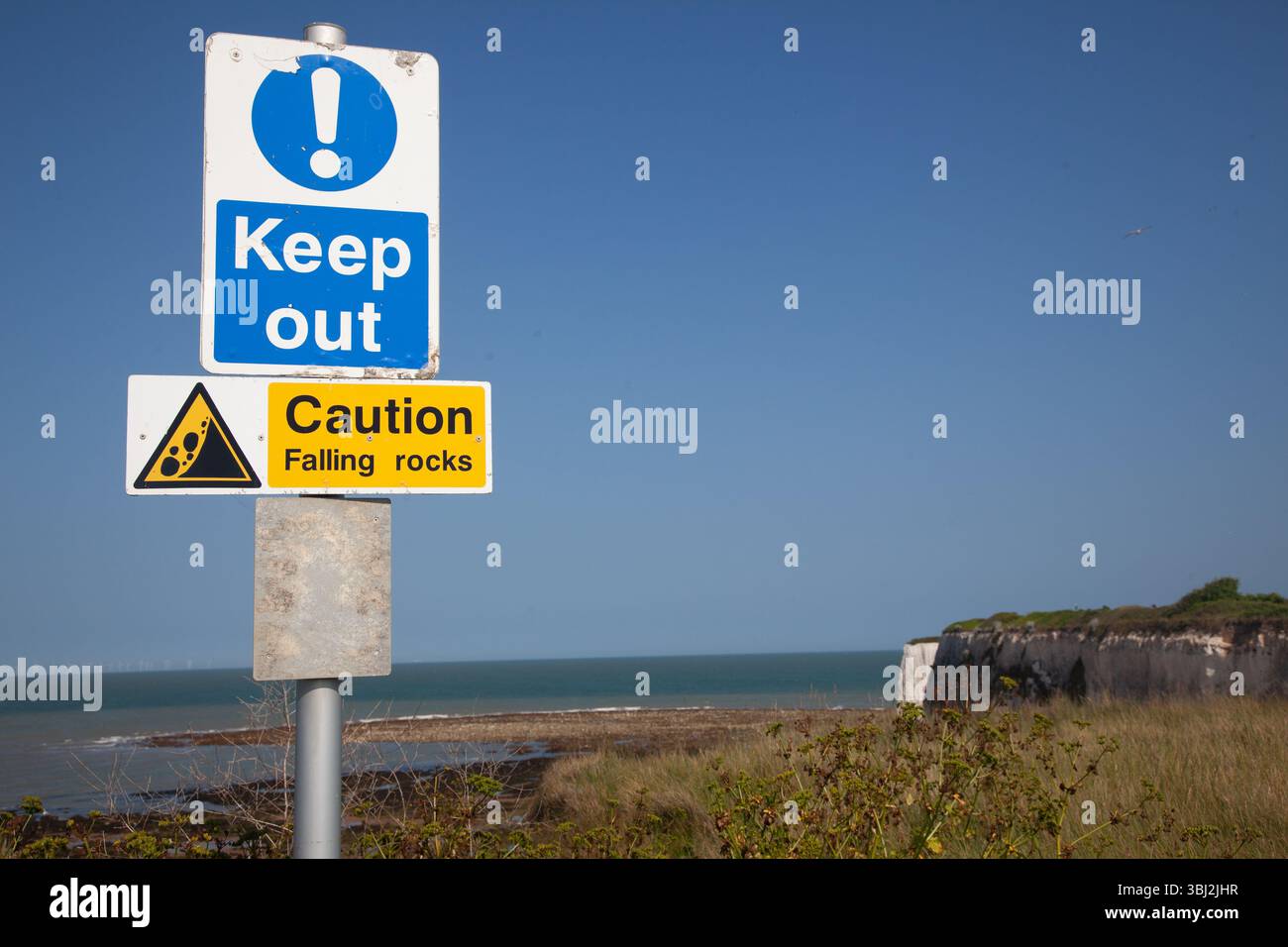 Warning signs, 'Keep Out', 'Falling Rocks', UK Stock Photo - Alamy