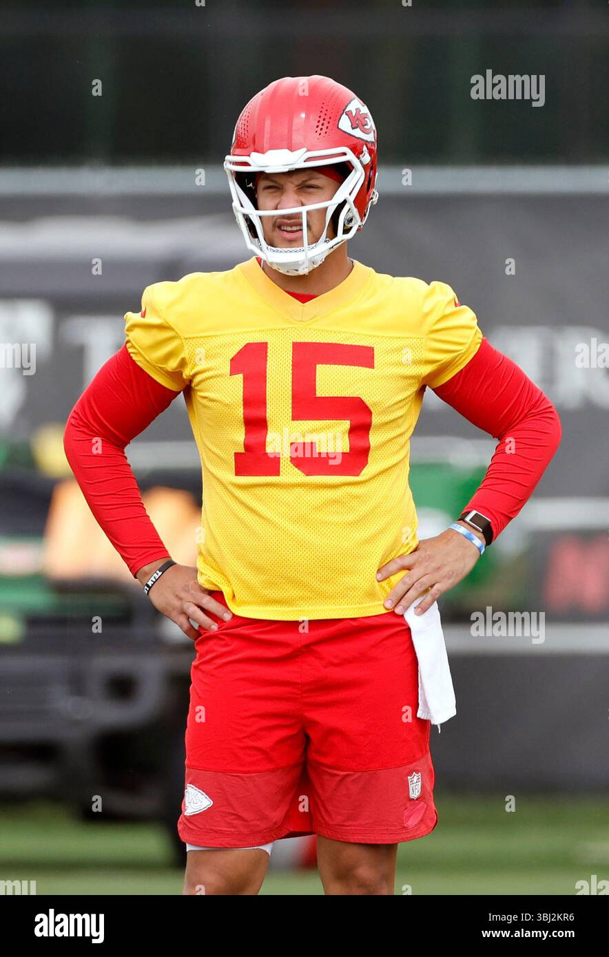Kansas City Chiefs quarterback Patrick Mahomes watches a drill during ...