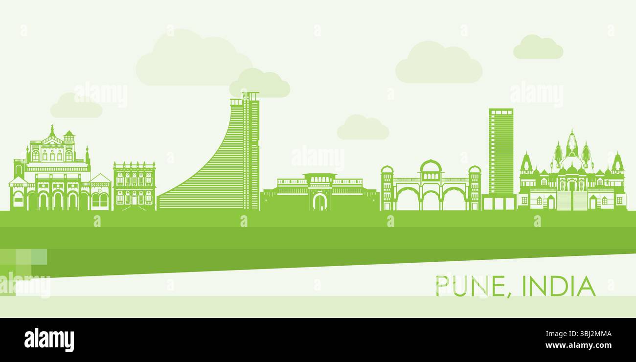 Green Skyline panorama of city of Pune, India - vector illustration ...