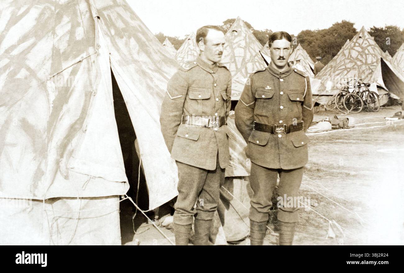 British soldiers in camp with unusually camouflaged bell tents during ...