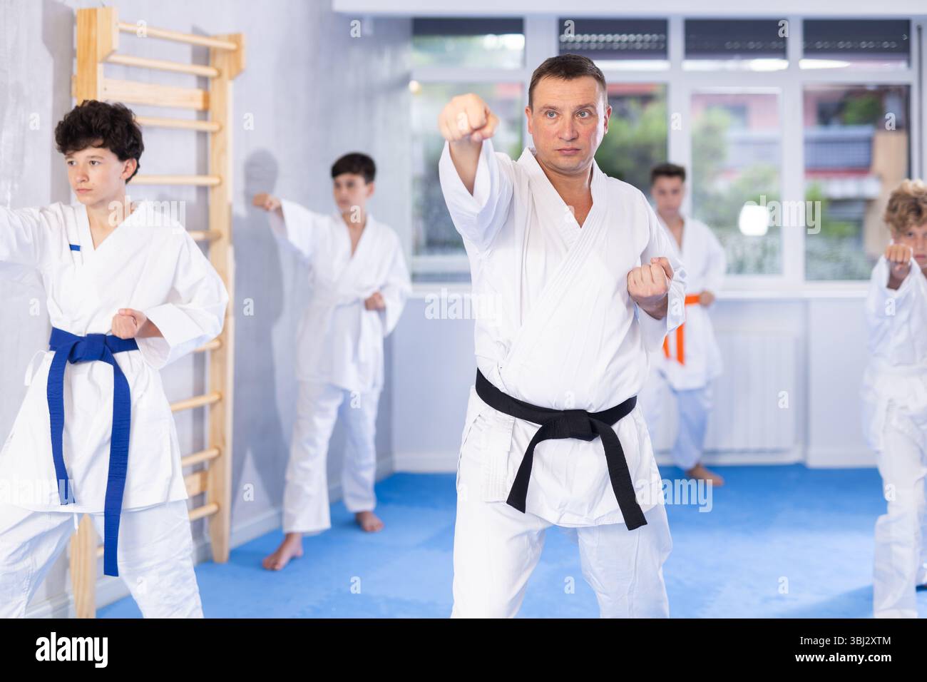 Karate instructor demonstrating kata sequence of movements to group of ...