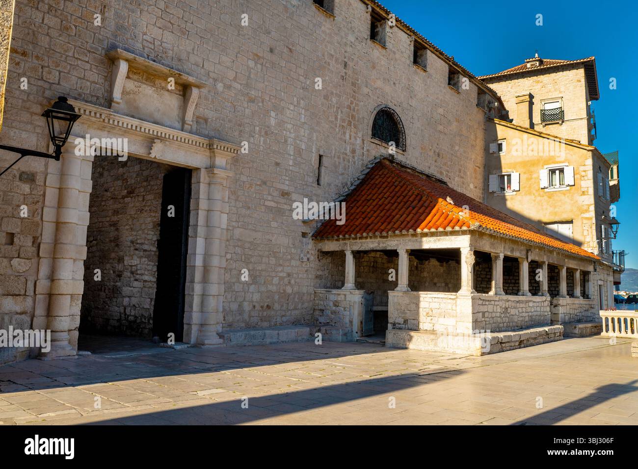 Renaissance style portal of Trogir South Gate and medieval loggia ...