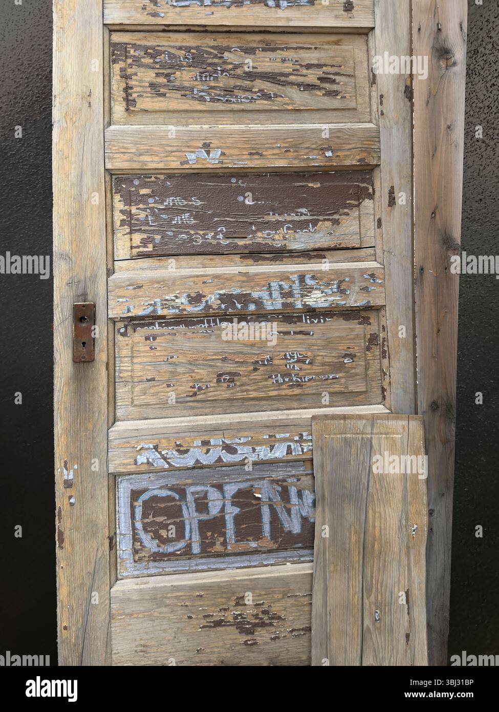 Closeup image shows old panel door with peeling paint and lettering ...