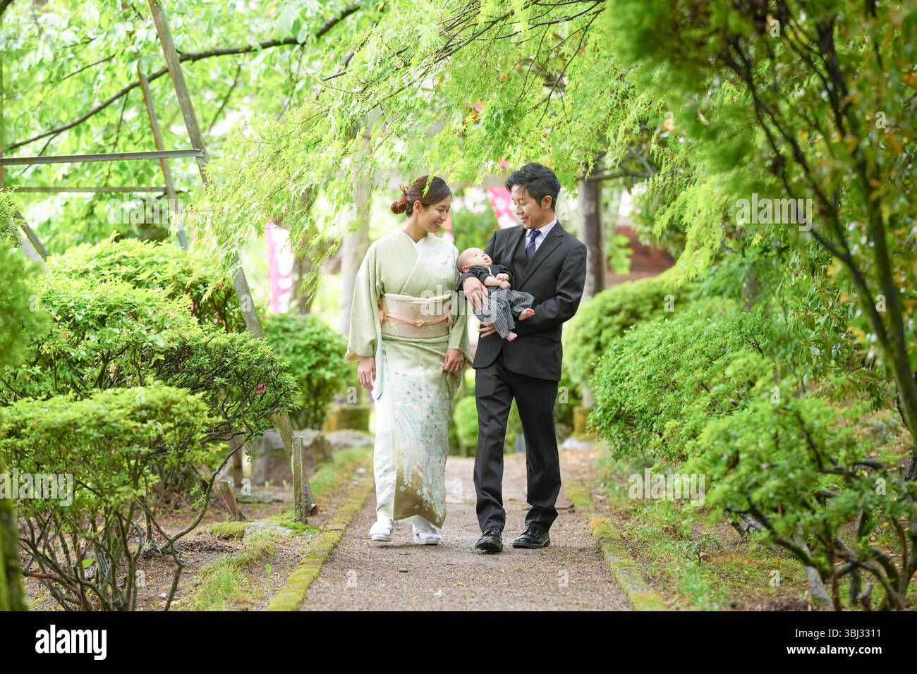 On a spring day in May in a Japanese garden, a one-month-old Japanese ...