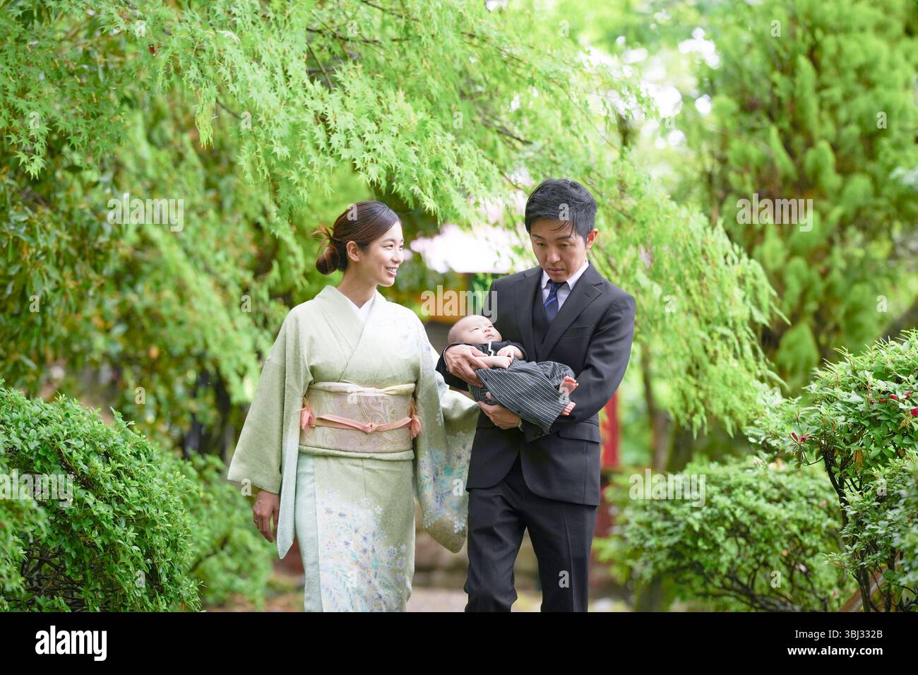 On a spring day in May in a Japanese garden, a one-month-old Japanese ...