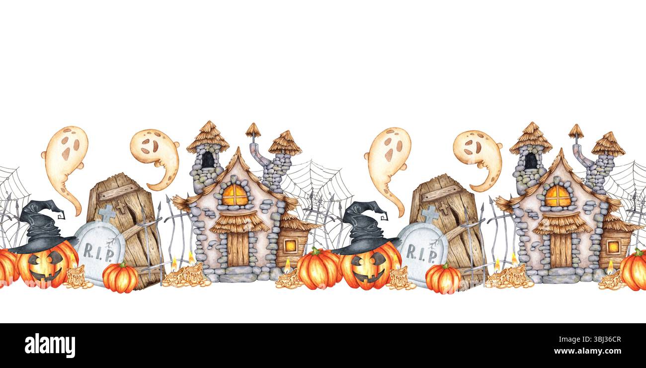 Castle with thatched roof, ghost, coffin, tombstone, pumpkins, candles ...