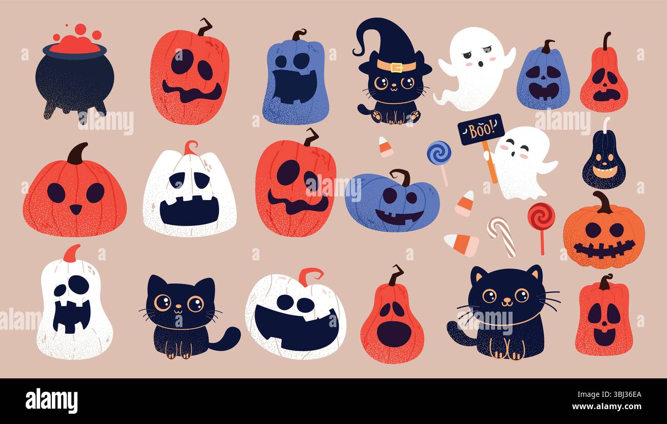 Pumpkin characters retro clipart set. Halloween characters and elements ...