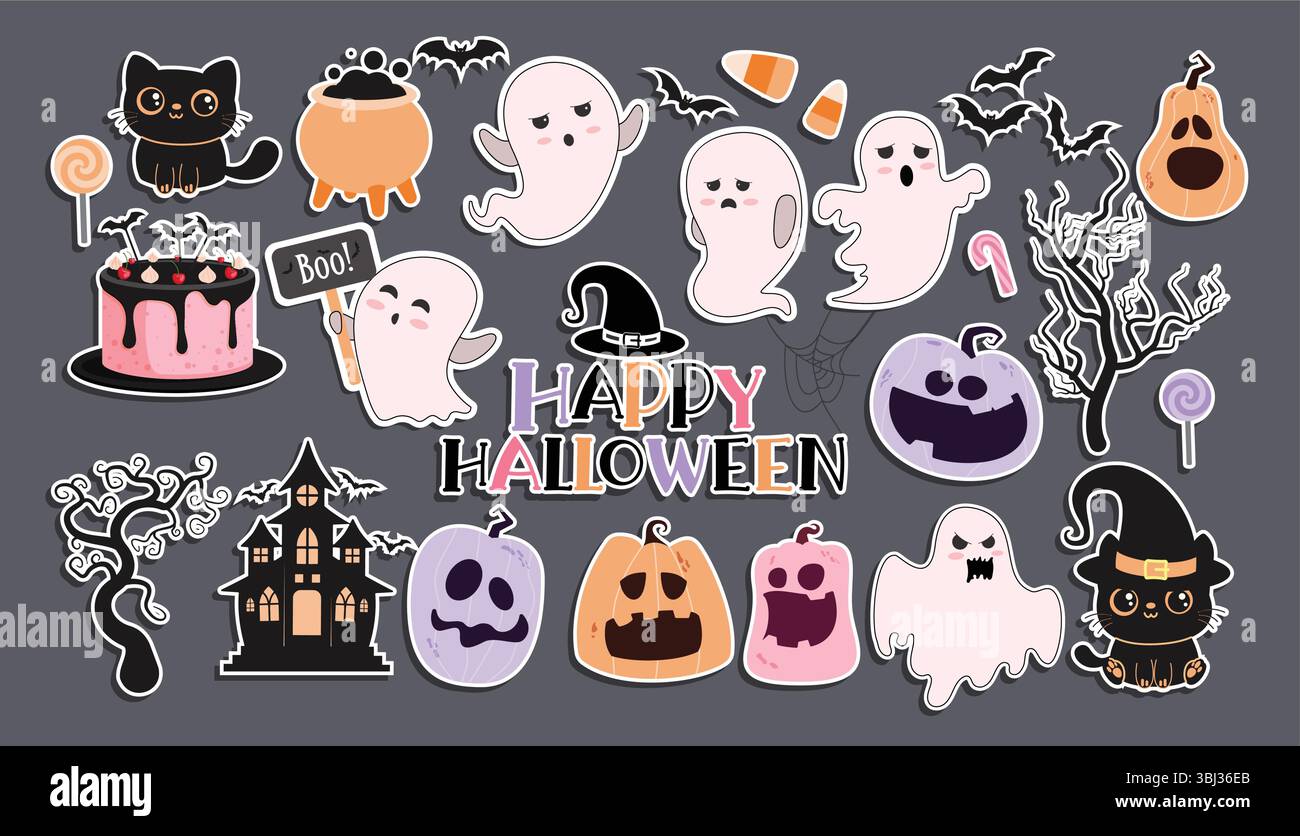 Halloween characters stickers elements clipart set. Halloween sticker ...
