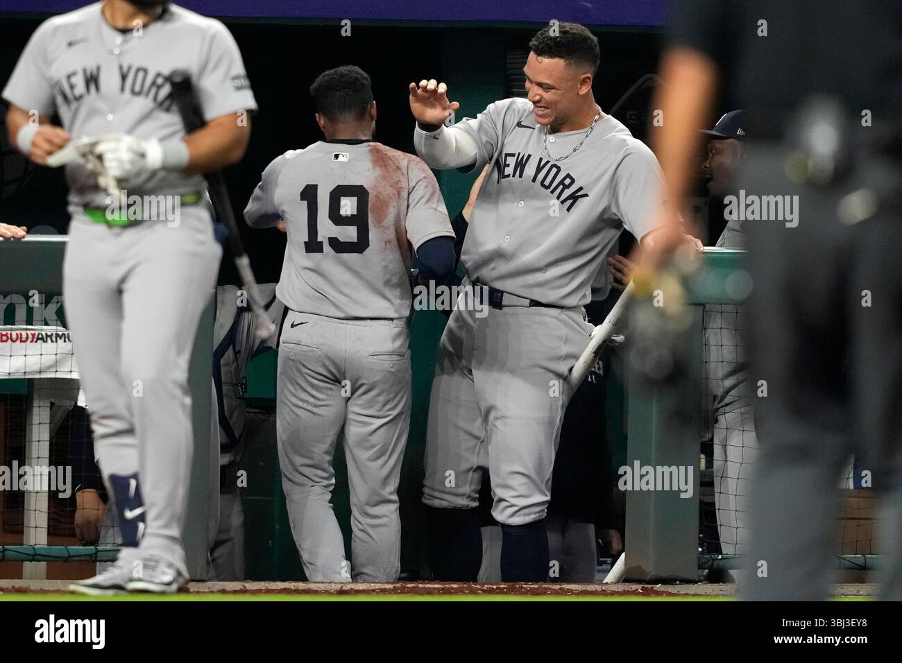 New York Yankees' Pablo Reyes (19) is congratulated by teammate Aaron ...