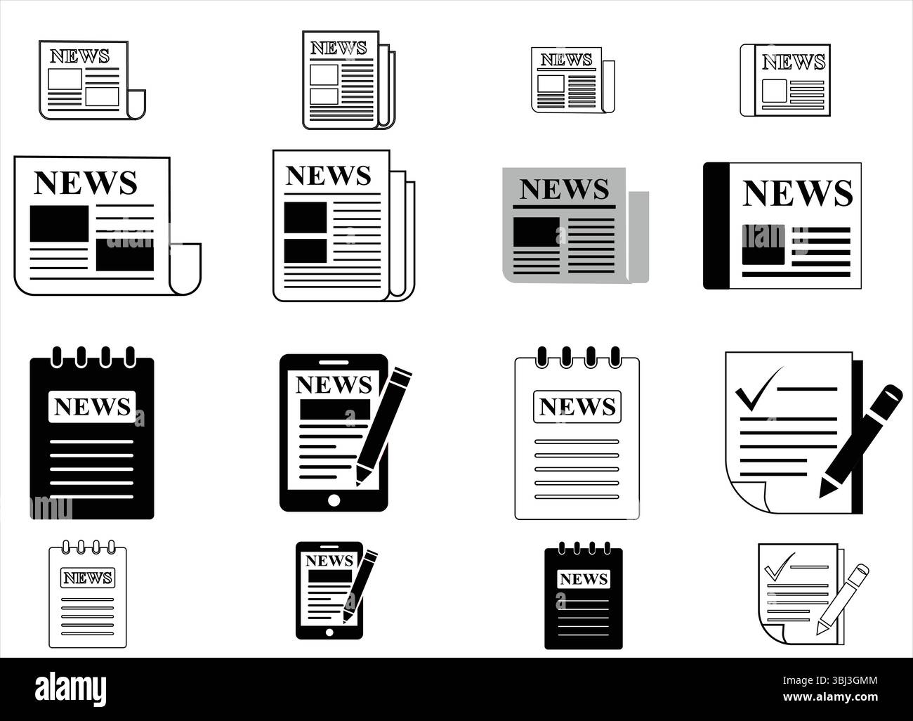 Collection of Black and White News and Journalism Icons Representing Newspapers, Notepads ...