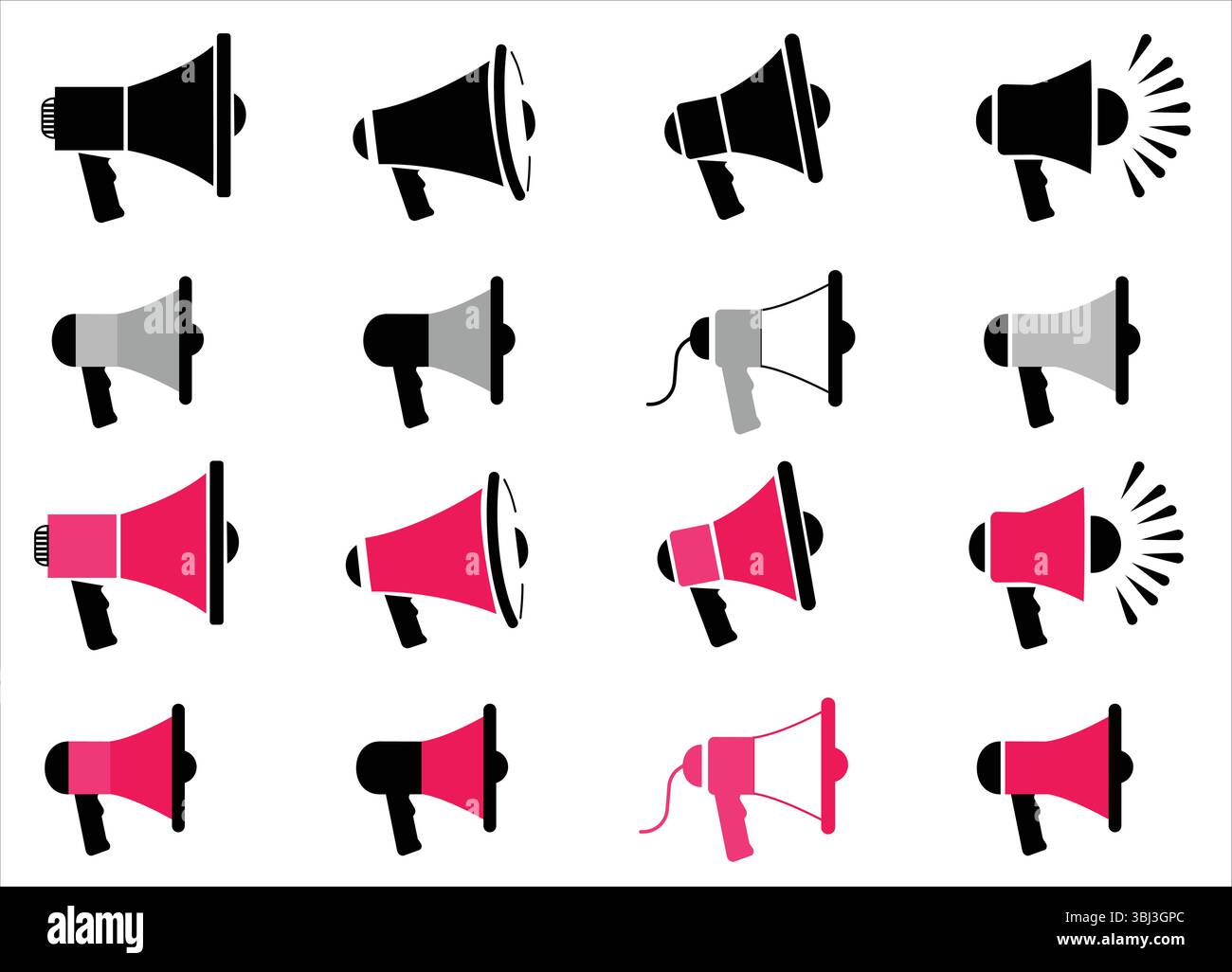 Colorful Megaphone Icon Set Featuring Various Styles, Angles, and Sound ...