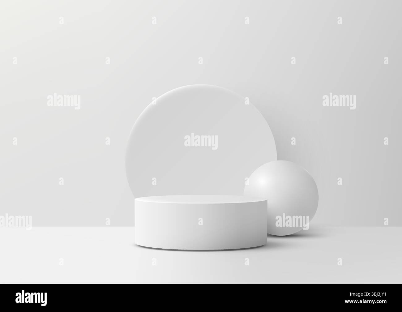 minimalist white cylindrical podium with smooth sphere and circular panel on clean background ...