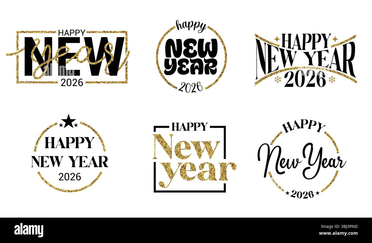 Happy new year 2026 elegant text clipart set. New year greeting calligraphy clip art for ...