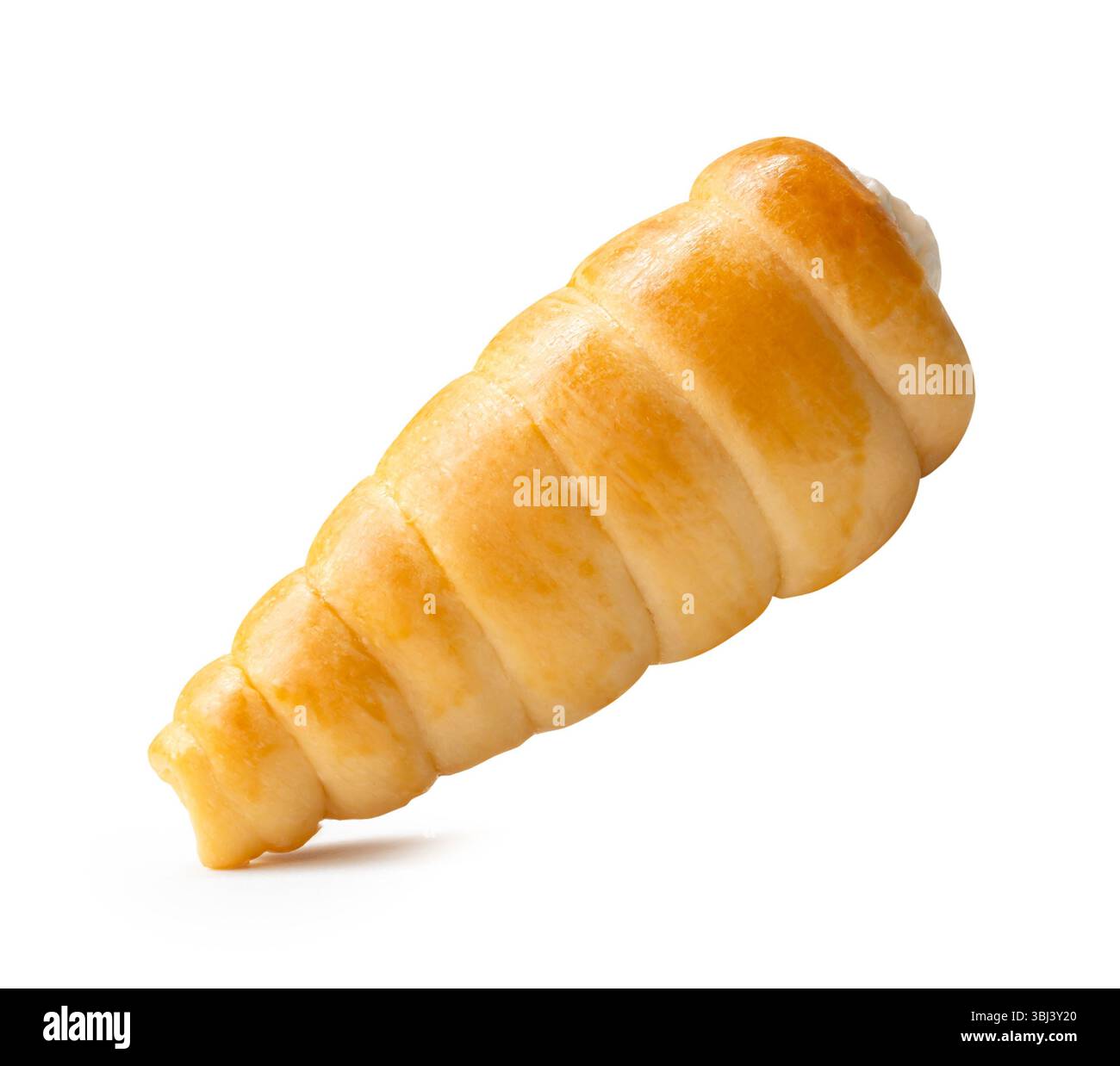 Side view of single puff pastry cream horn is isolated on white ...