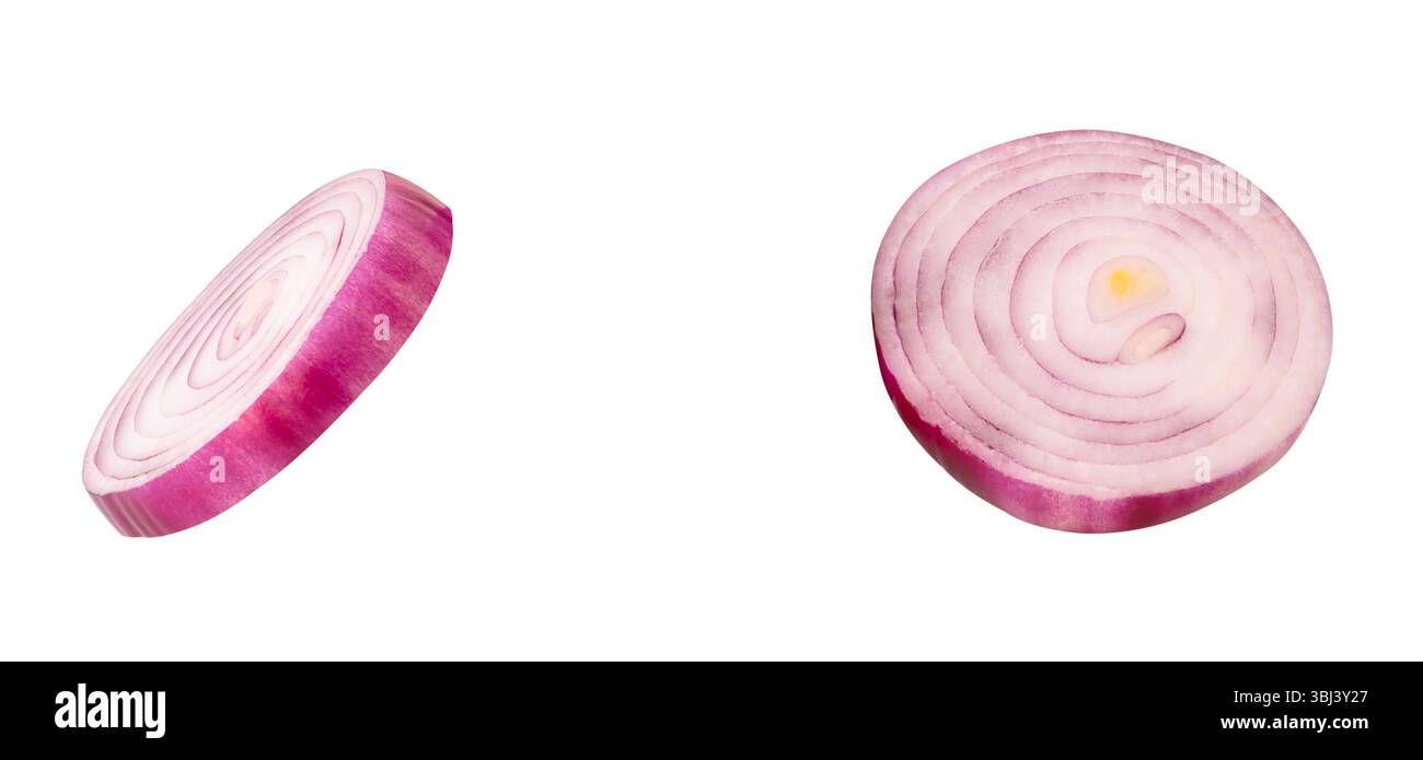 Spanish onion or red onion slices in set scattering is isolated on ...