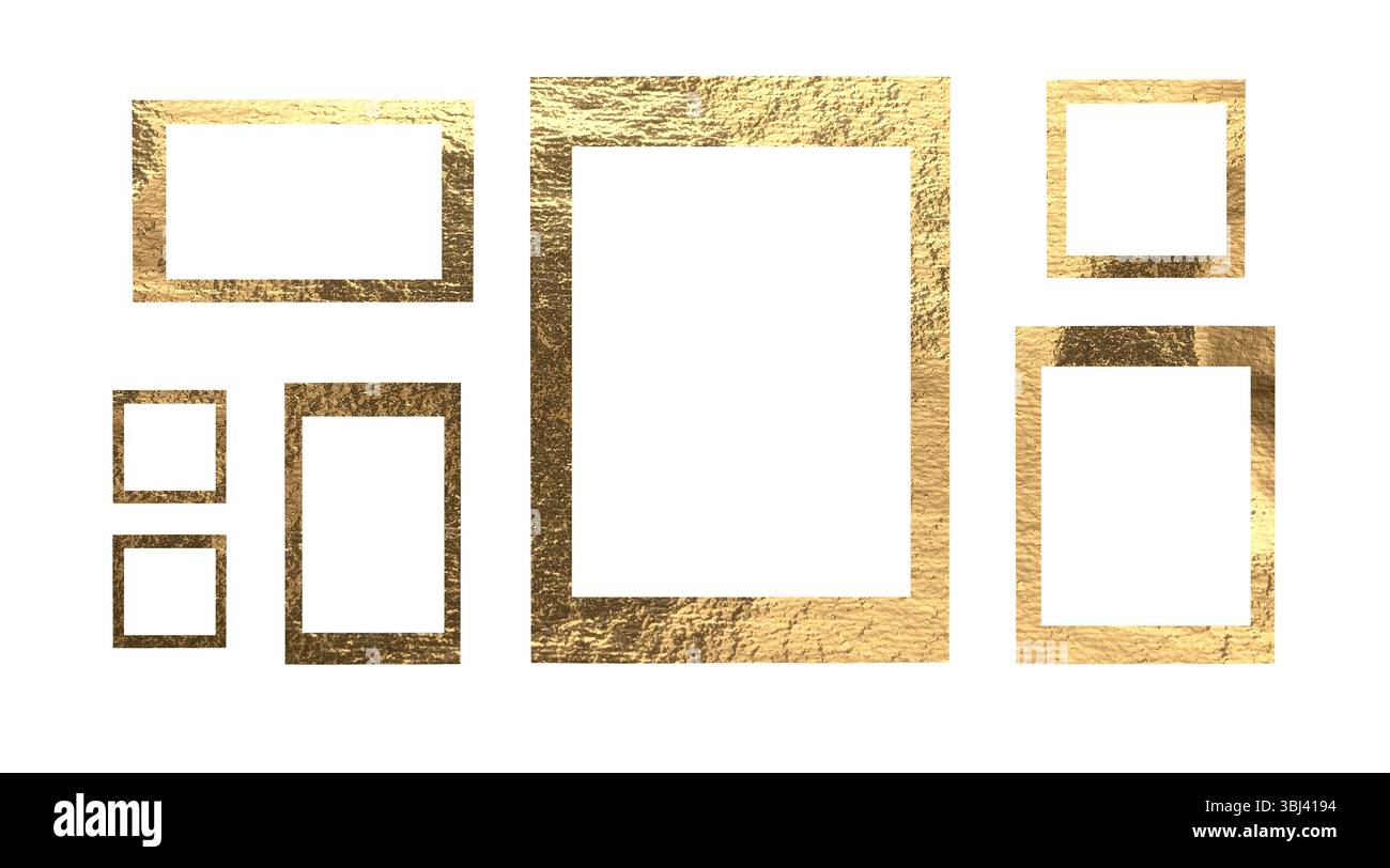 Empty frames on wall in modern gallery. Various sizes, including square ...