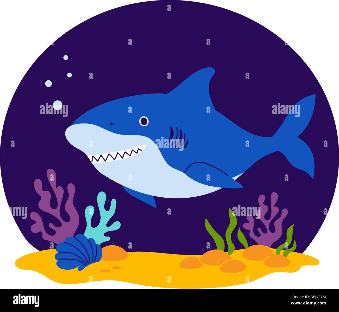 Shark with algae and seabed on dark blue background. Vector ...