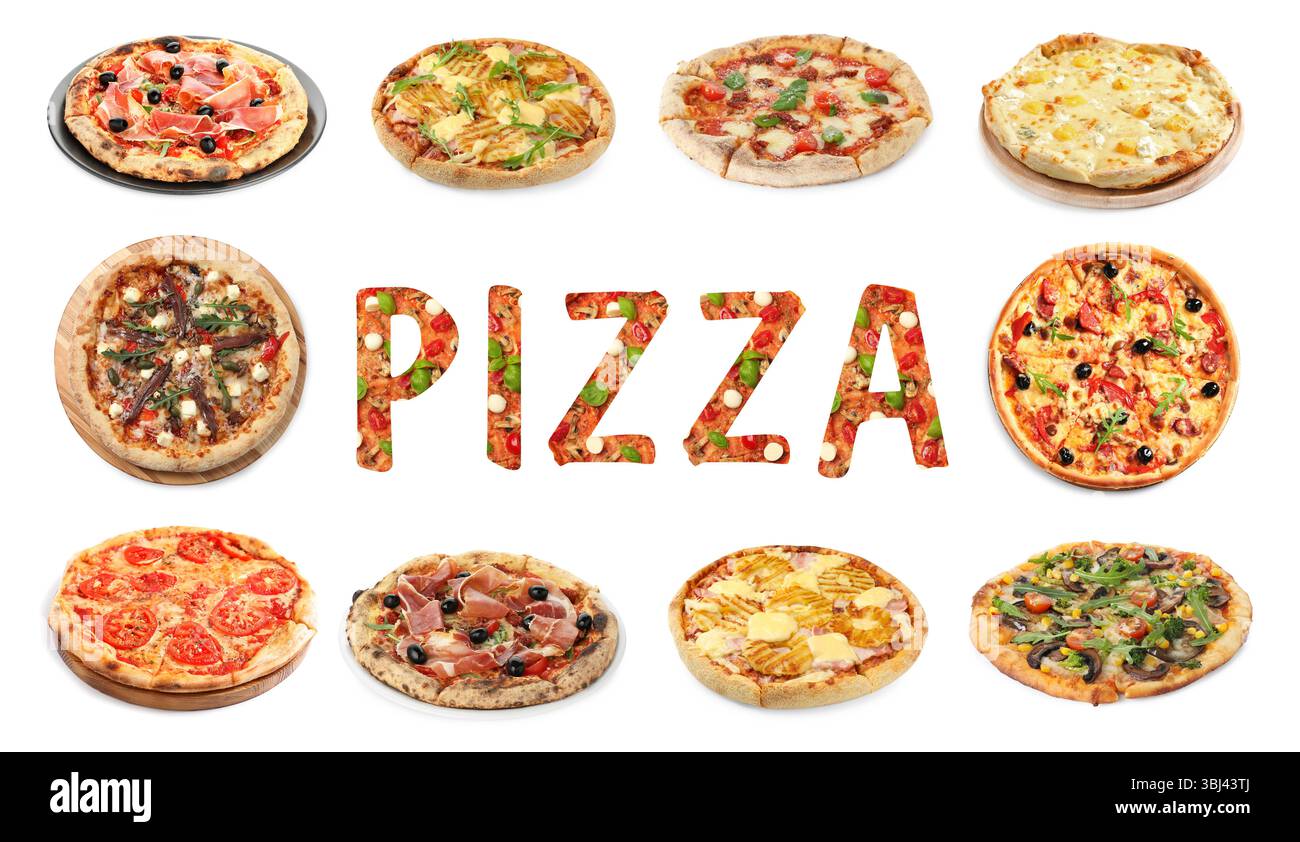 Different delicious pizzas and word on white background Stock Photo - Alamy