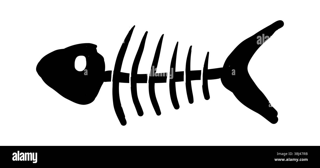 Fish bone icon fishbone skeleton silhouette. Cartoon fish bones, tail and head. Simple fossil ...