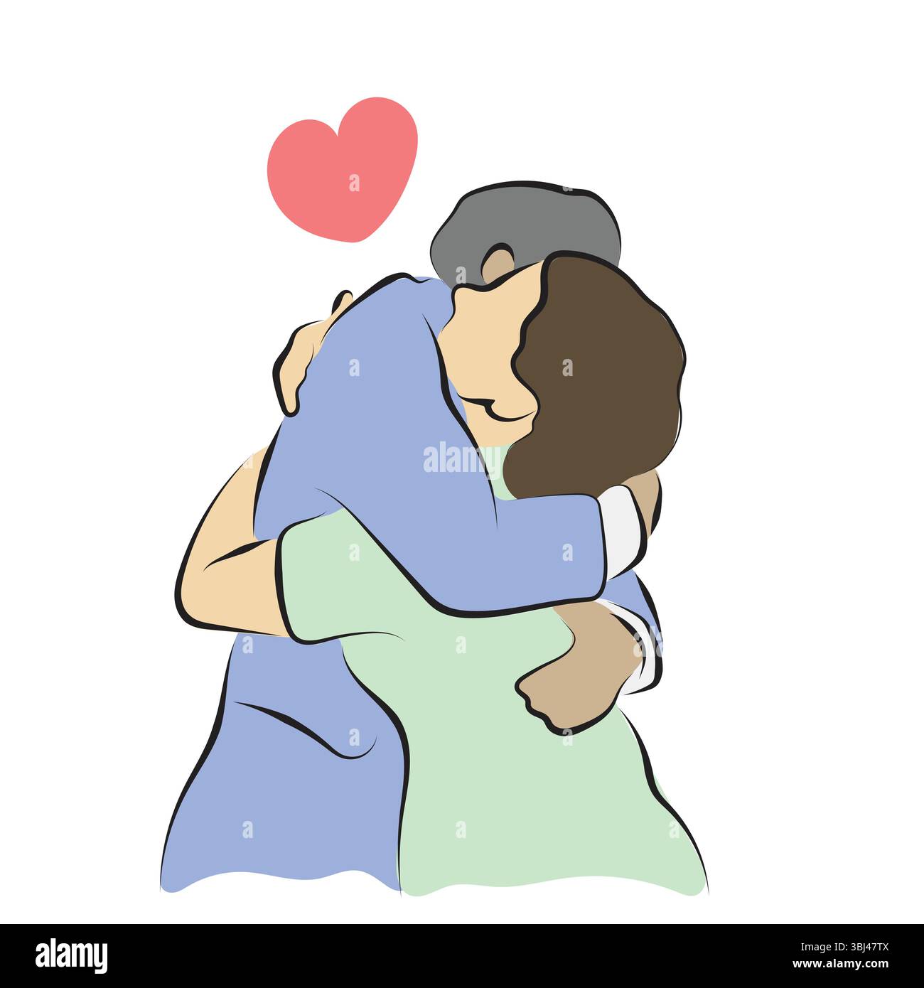 Man hugs his girlfriend illustration vector hand drawn with black lines ...