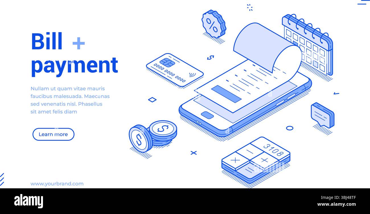 Isometric line illustration emphasizing the bill payment process ...