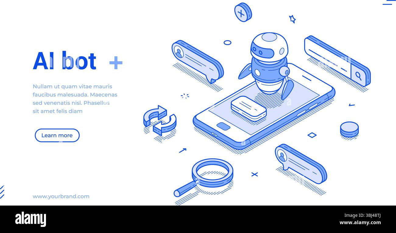 Modern Isometric line banner template showcases an ai bot interacting ...