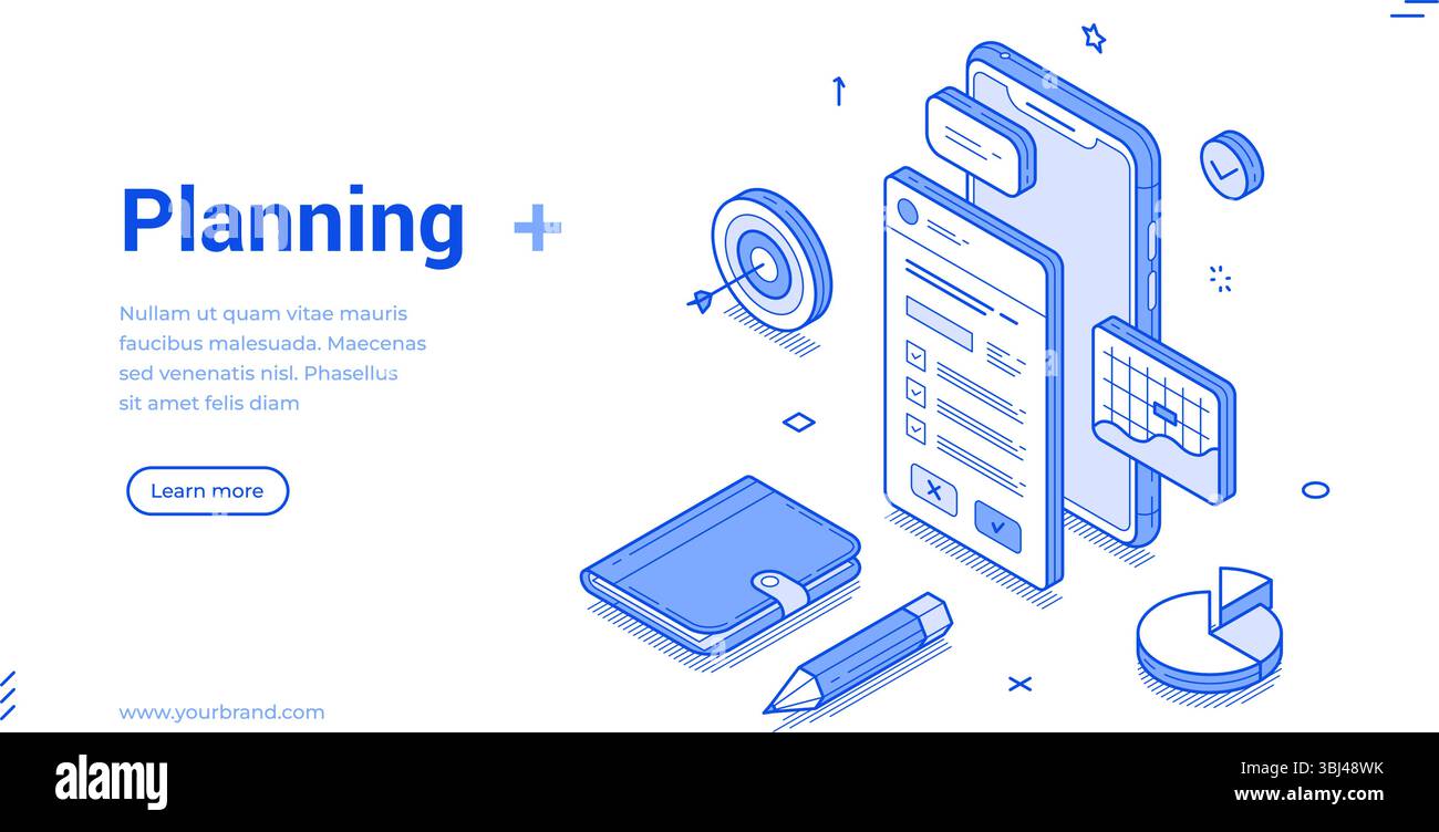 Isometric line illustration showcases various planning elements ...