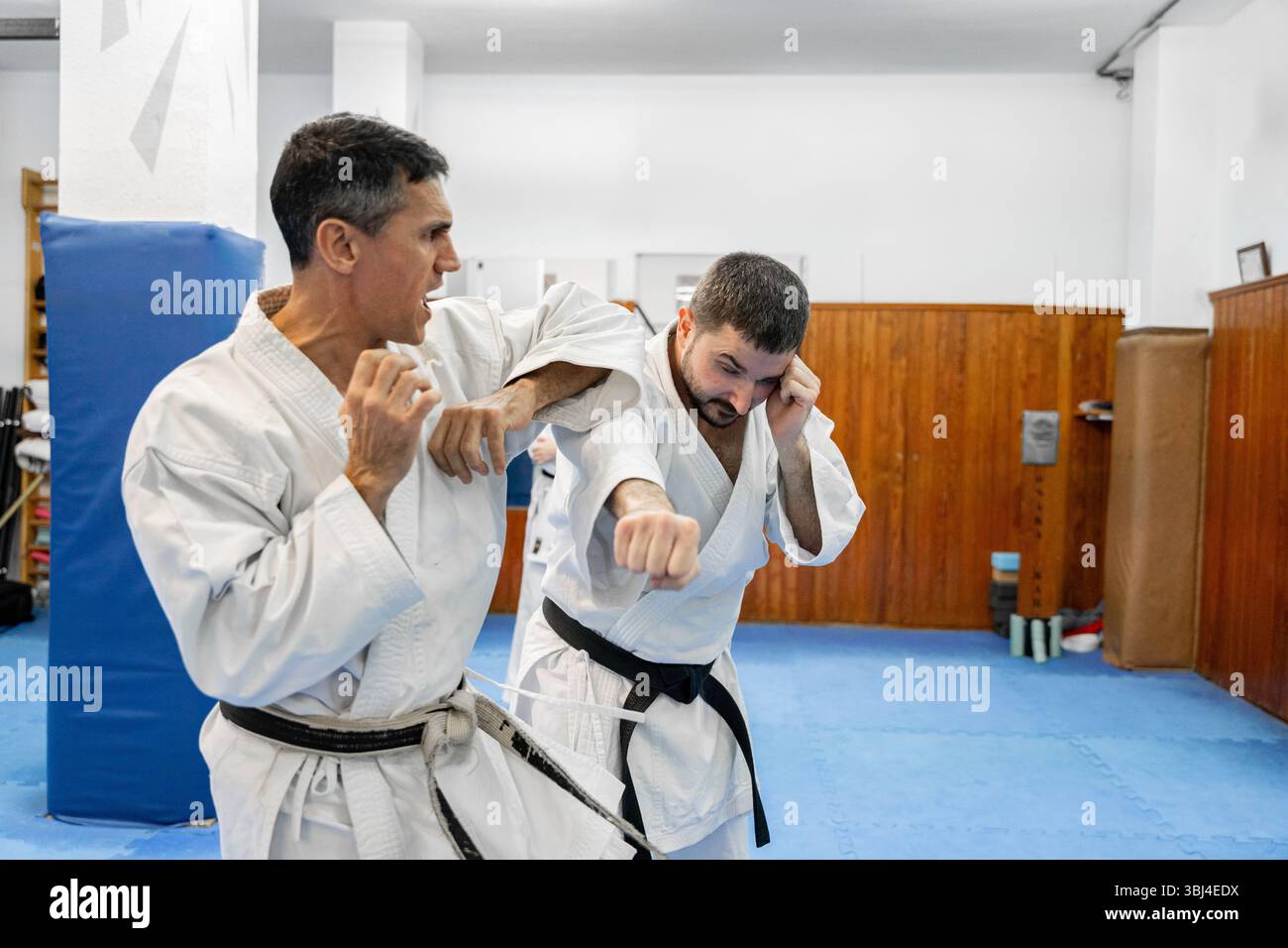 Two karate masters practicing fighting techniques in a dojo Stock Photo ...