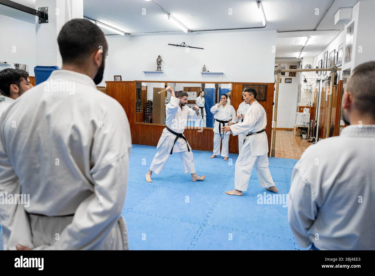 Karate practitioners training combat techniques using a wooden sword in ...