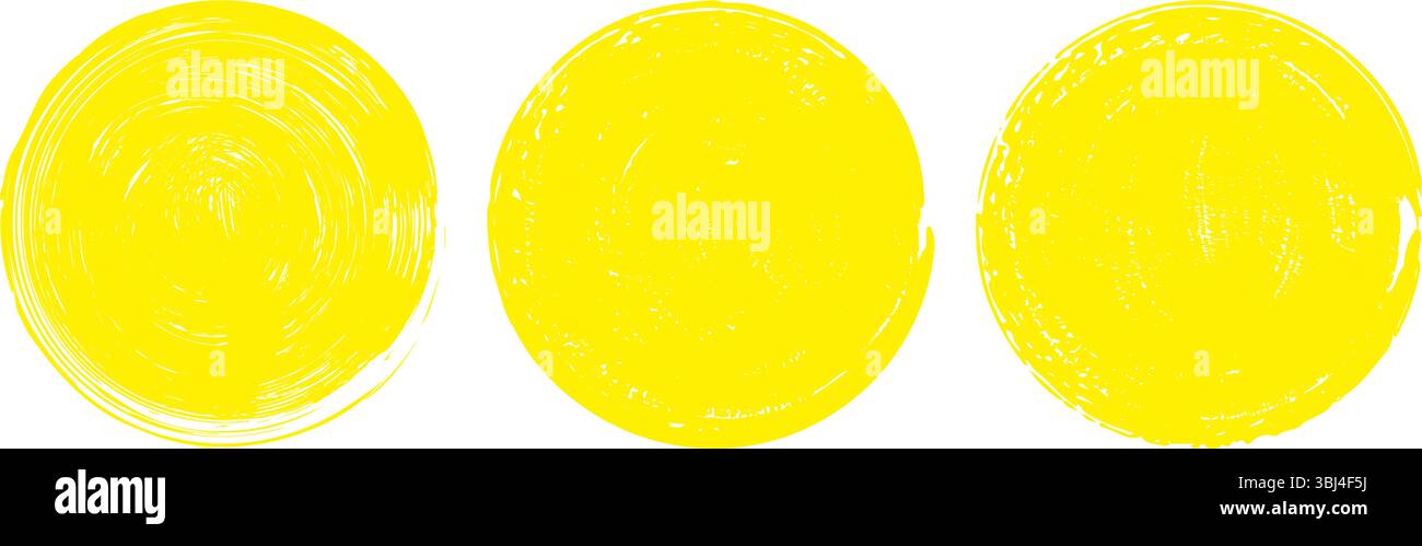 Brush stroke sun circles. Set of rough yellow round shapes. Grunge hand ...