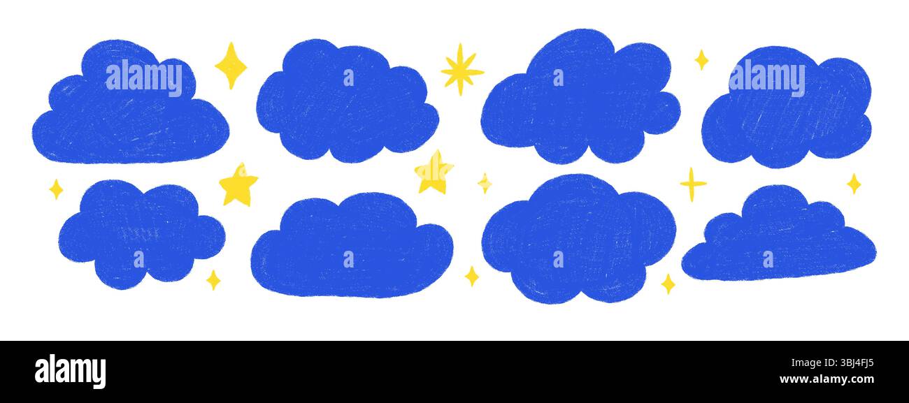 Hand drawn blue clouds and yellow stars set. Cute crayon doodle sky ...