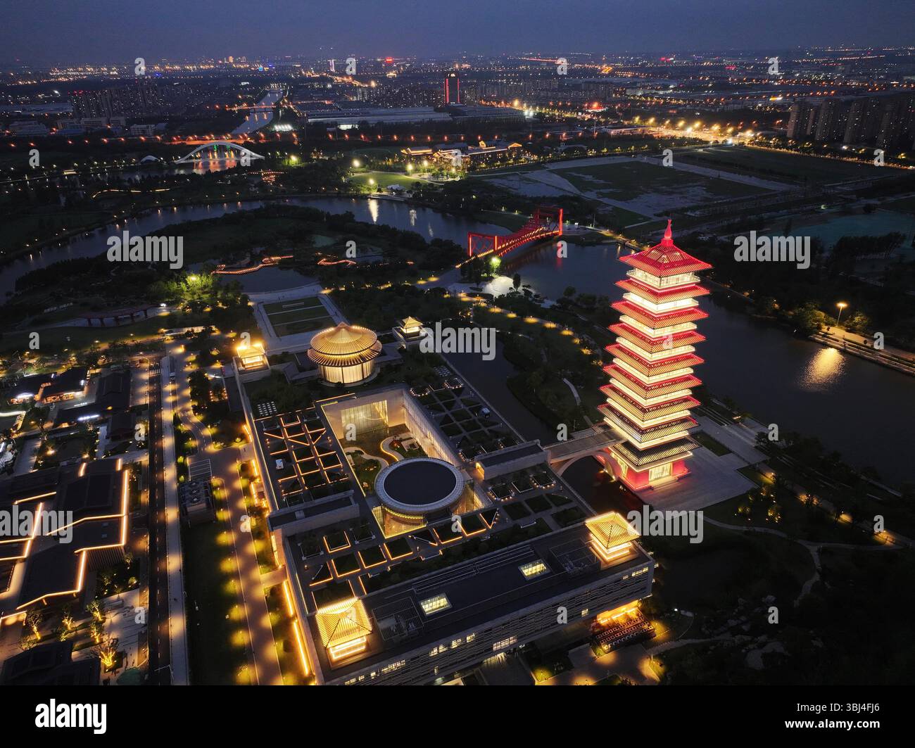 Aerial photo shows the night view of the China Grand Canal Museum in ...