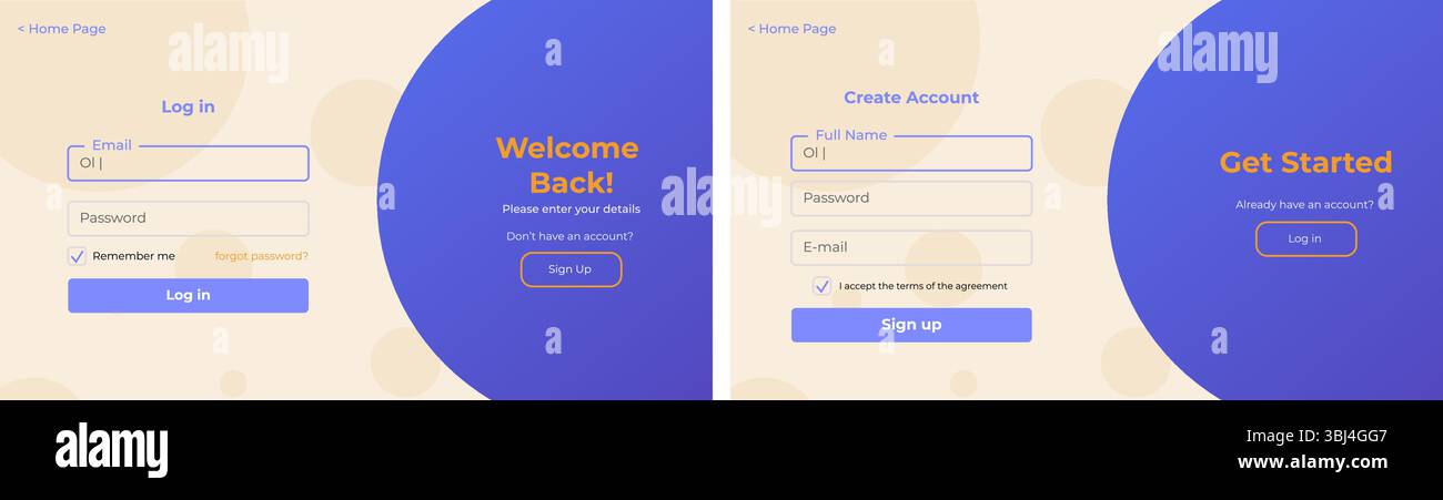 Register and login page layout with email and password fields. Simple and modern sign up and ...