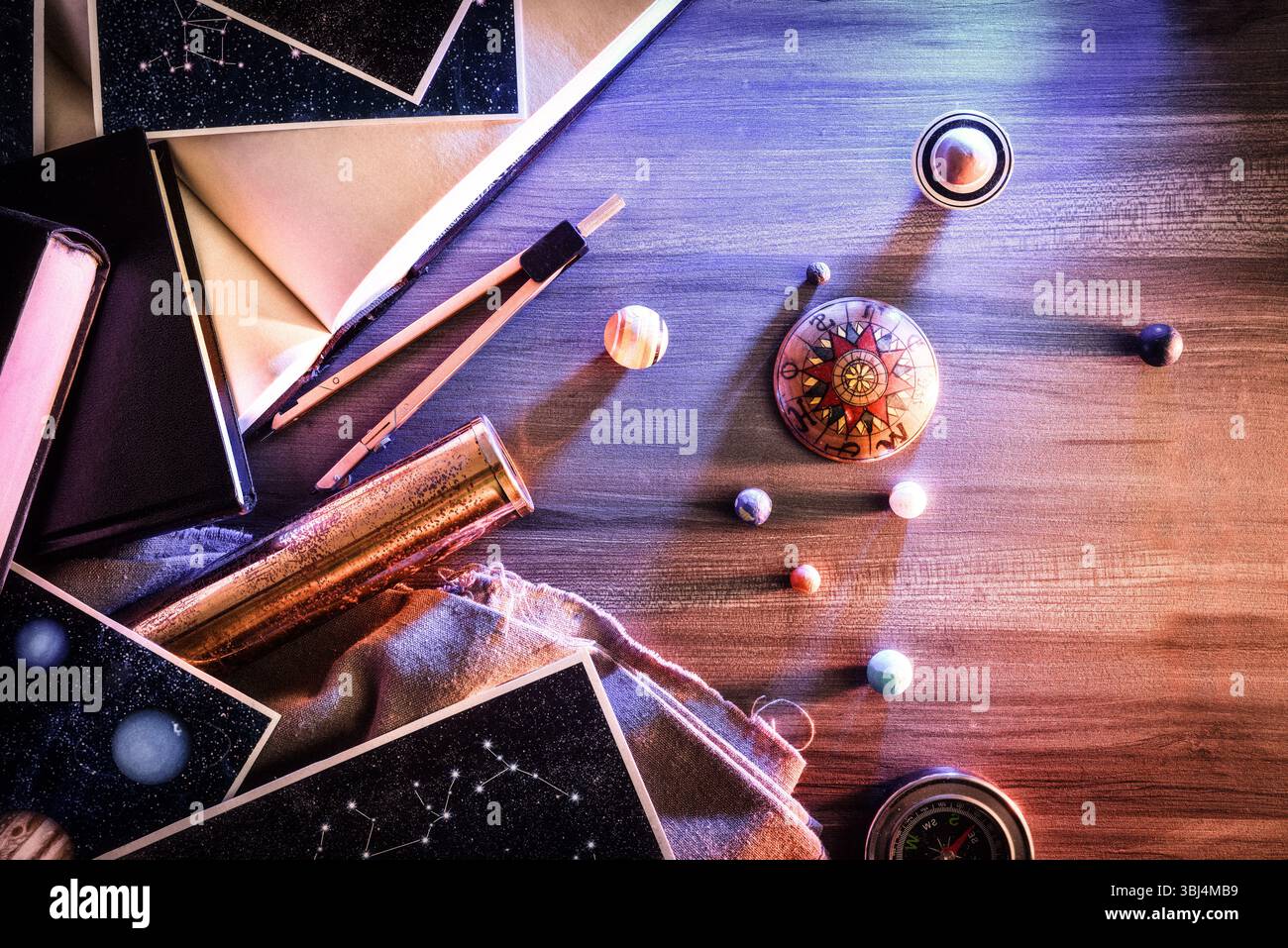 Concept of exploring planets, stars and constellations with table with ...