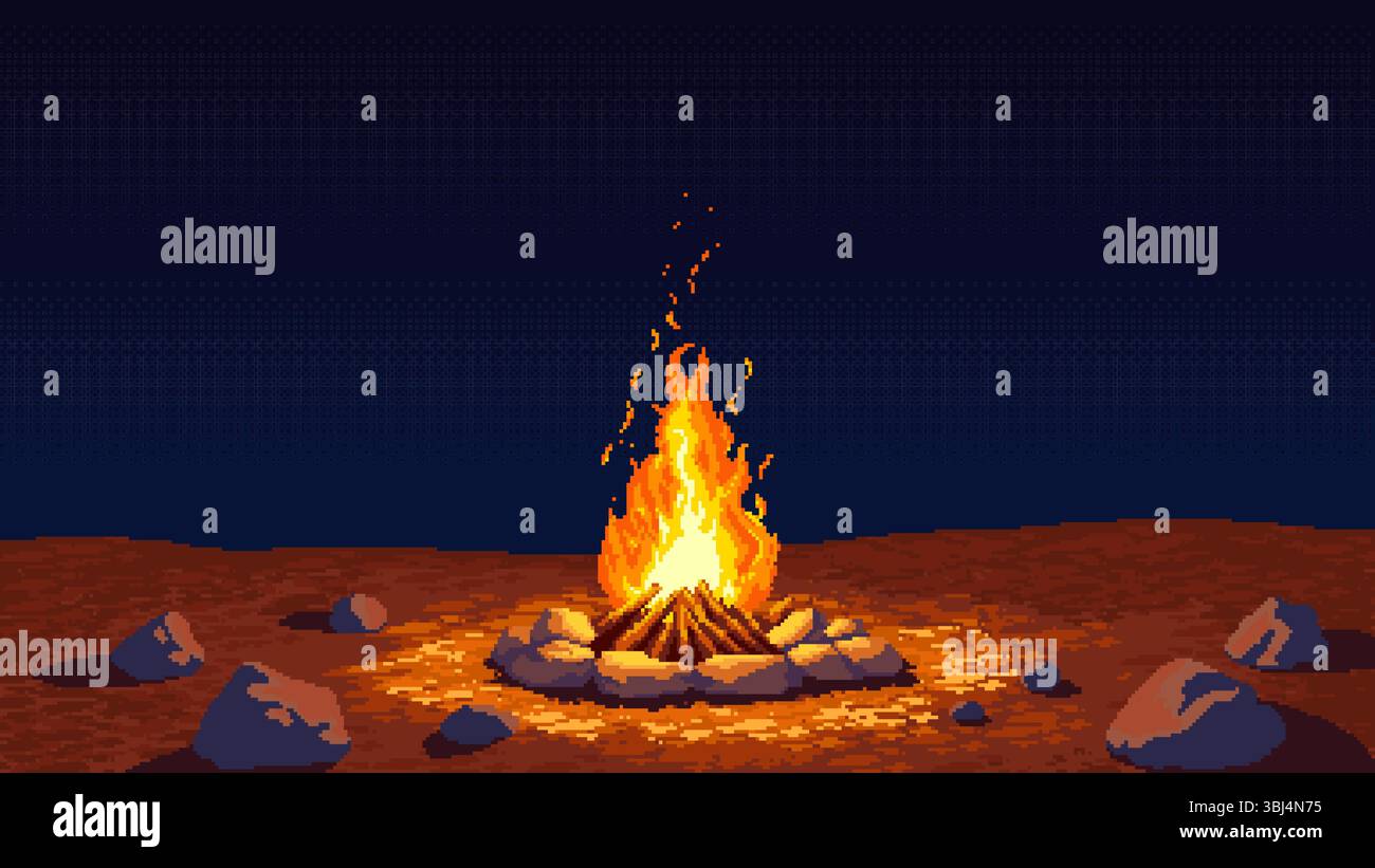 Pixel Art Night Campfire in Desert Landscape Stock Vector Image & Art ...