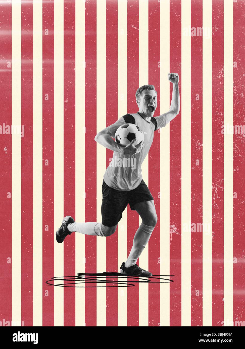 Joyful footballer runs with ball celebrating victory over classic red ...