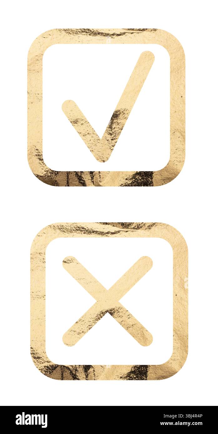 Golden tick and cross symbols, representing decision making and survey results. Checkmark for ...