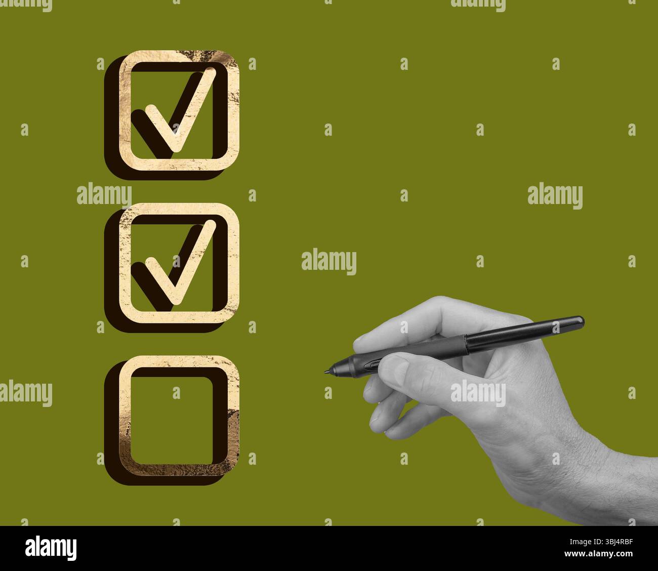 Hand holding pen, ticking checkmark on paper. Businesswoman completing ...