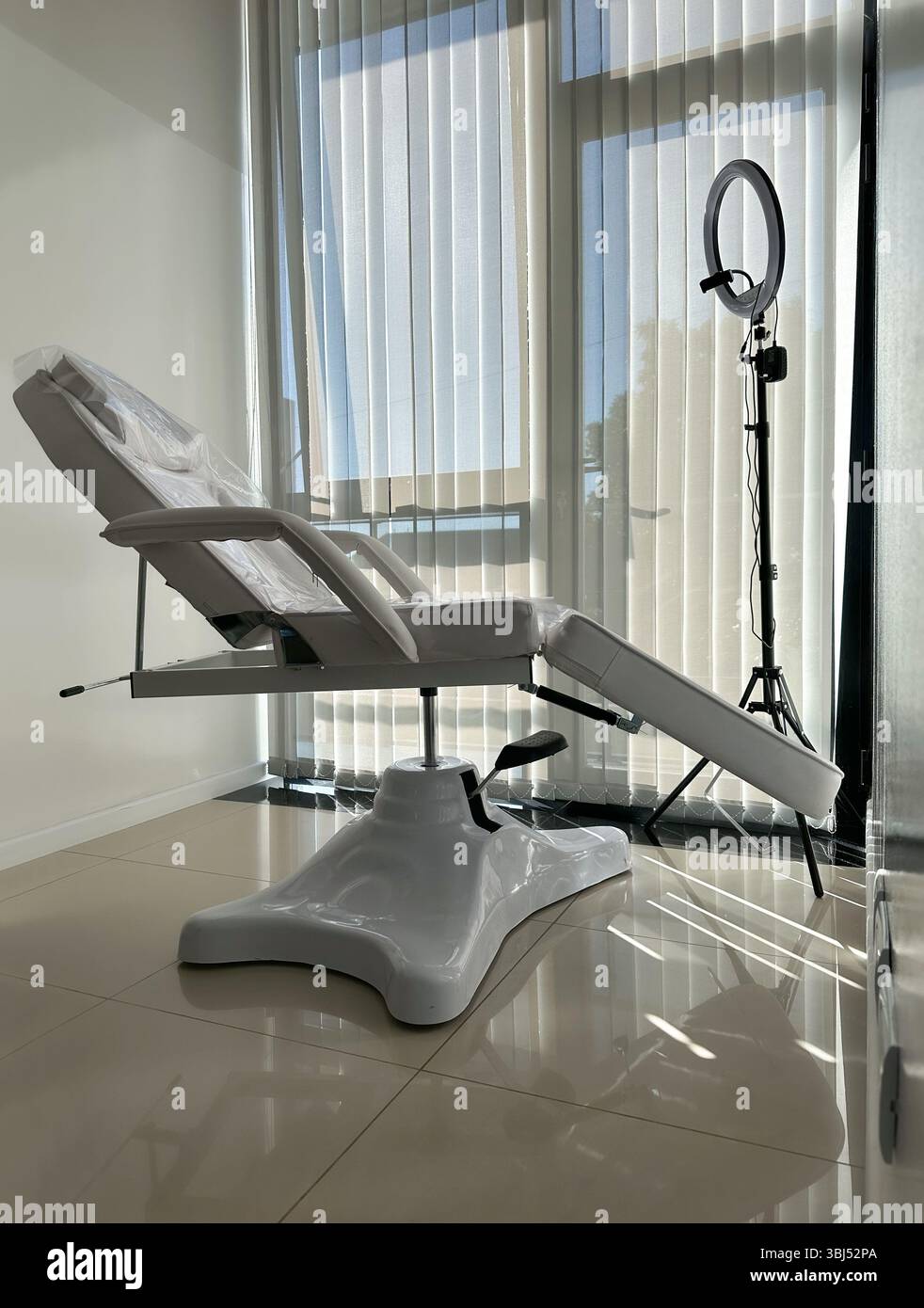 Elegant beauty treatment room featuring a reclinable esthetician chair ...