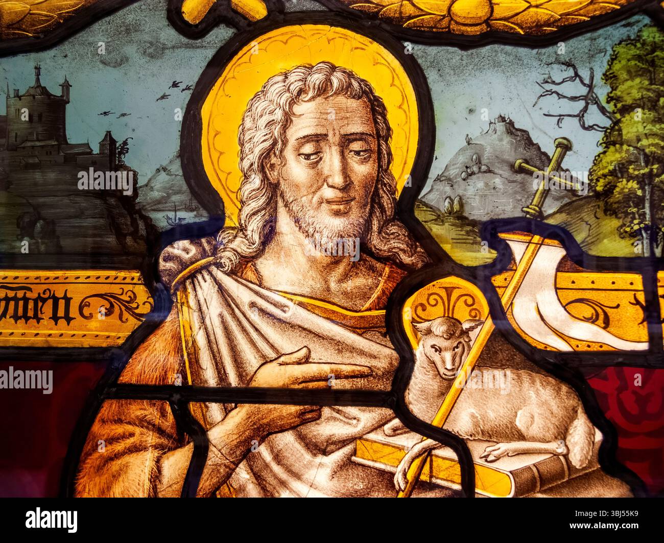 Jesus Christ with the Lamb of God shown in an image on a medieval 16th ...