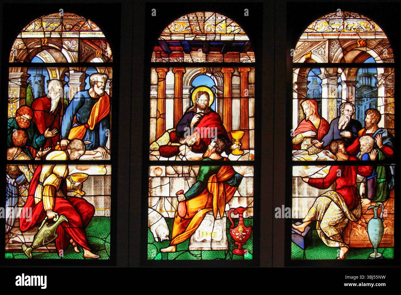 The Last Supper on a medieval 16th century stained glass window panel ...