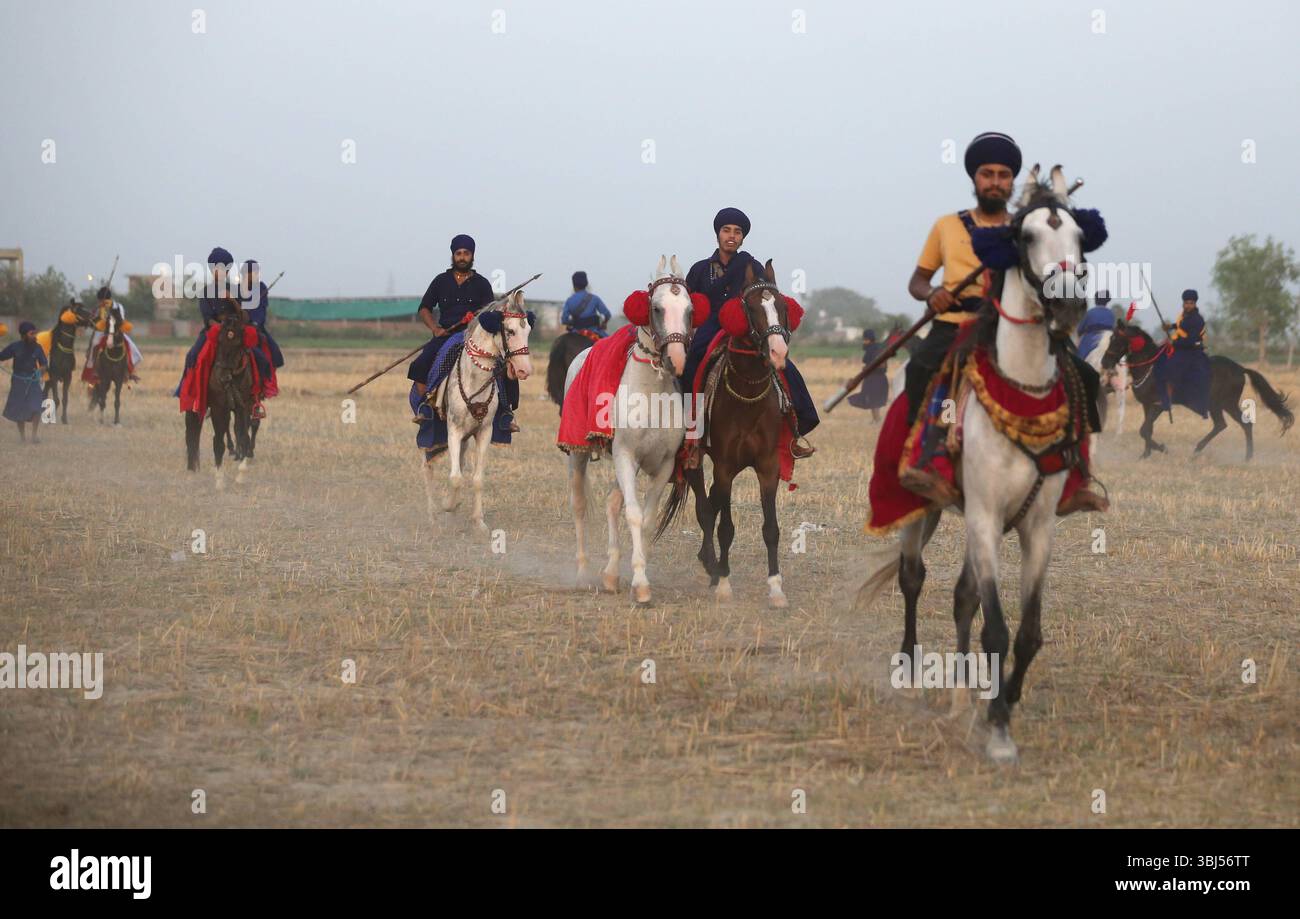 Traditional Sikh warrior order, Nihangs, in India Nihang Sikhs with their horses warm up before ...