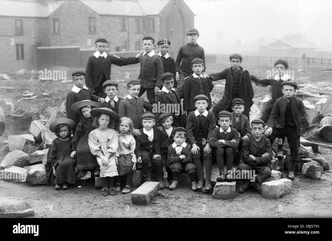 Sunday school children some wearing clogs and caps in Lancashire ...