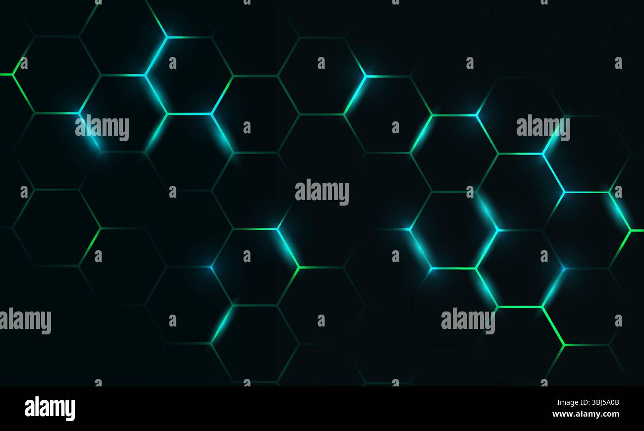 Dark hexagon abstract technology background with blue and green colored ...
