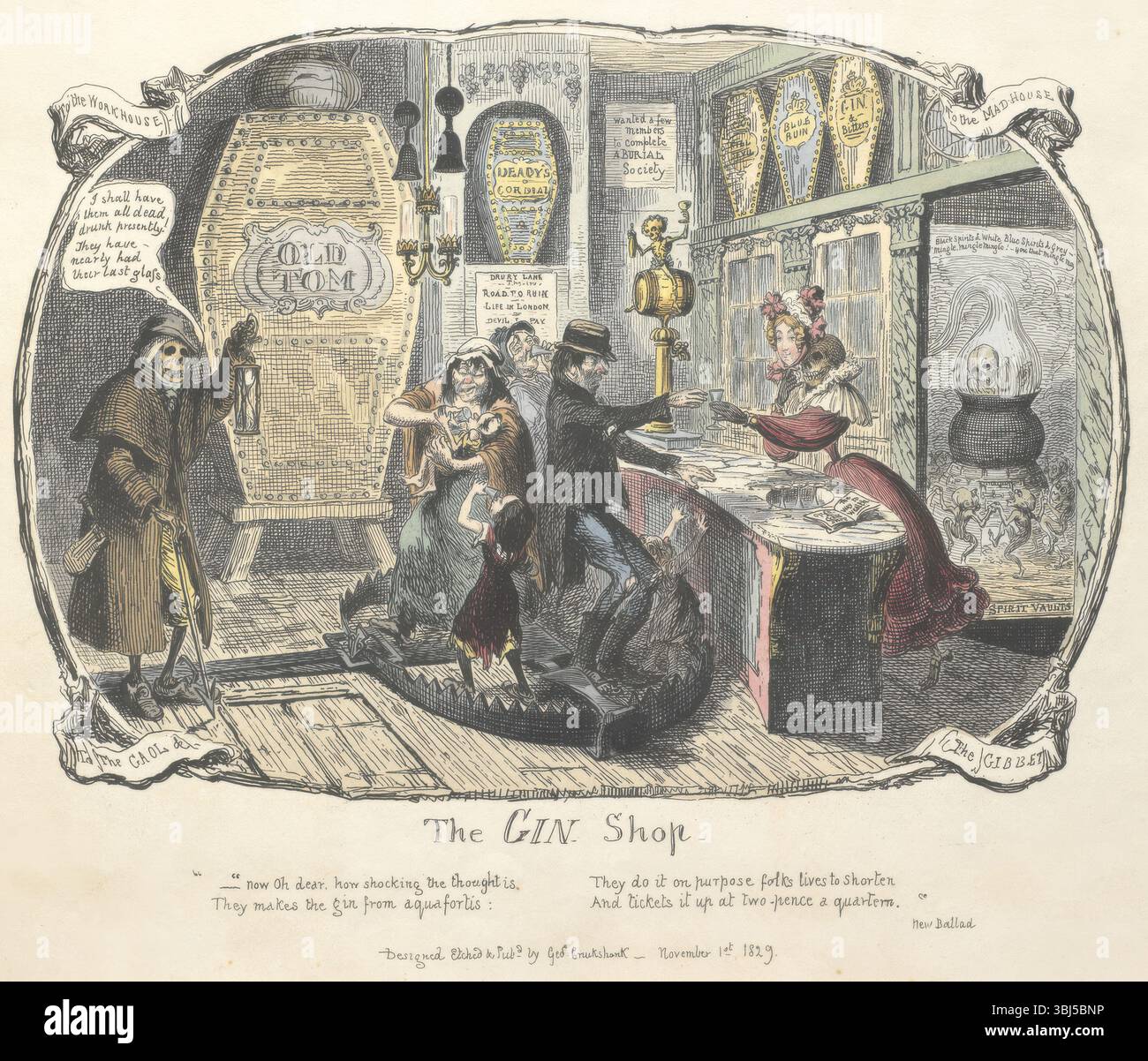 The Gin Shop, 1828. A satirical sketch on the dangers of drinking ...