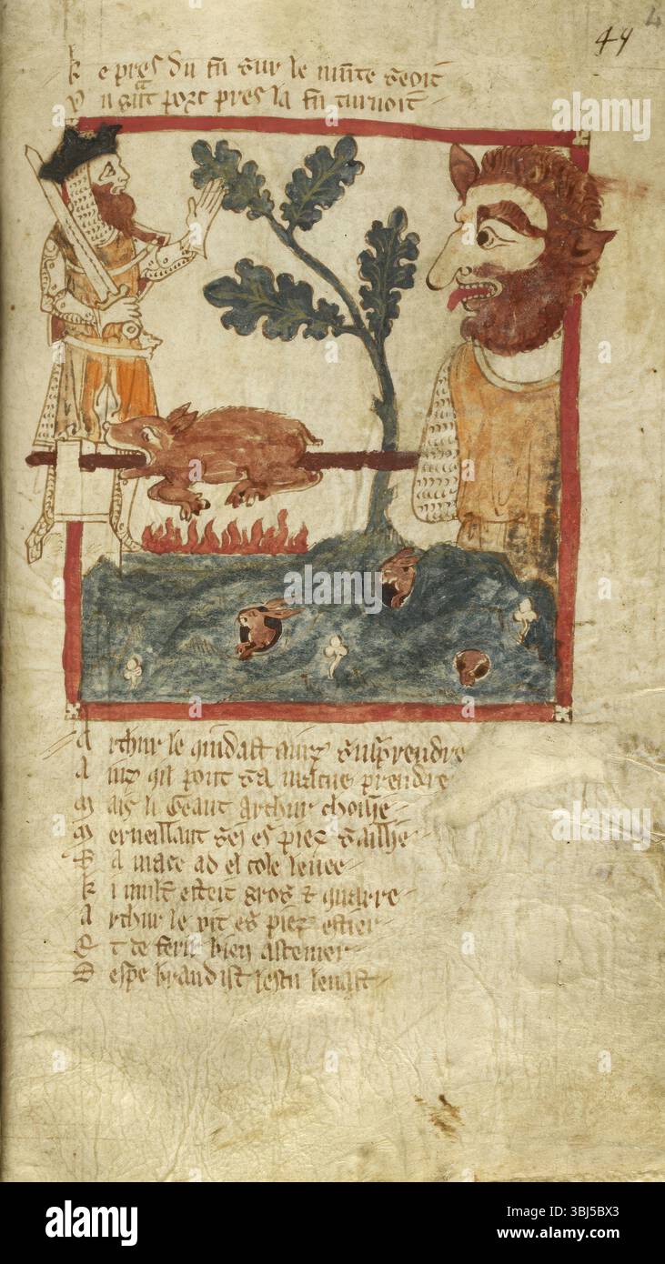 King Arthur finds a giant roasting a pig, mid 14th century. Figure of a ...