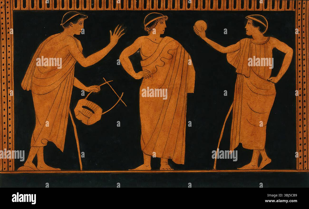 Detail of decoration of a red-figured Greek vessel showing three youths ...