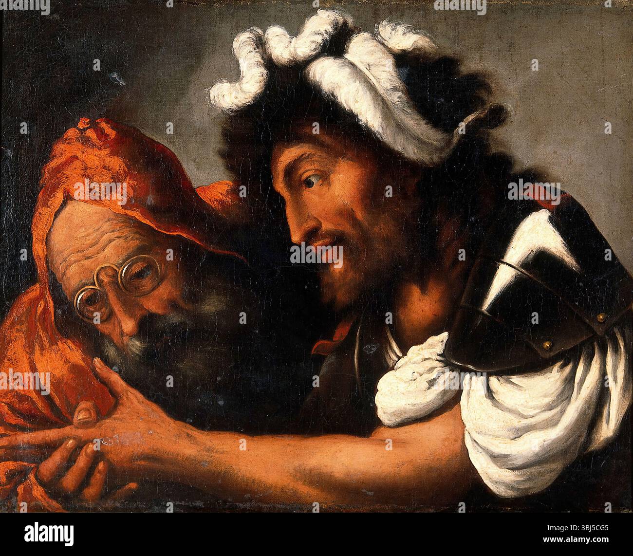 A fortune-teller reading the palm of a soldier, 1600-1699 Stock Photo ...