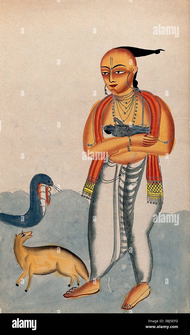 Vasudeva carrying a baby Krishna encountering a cobra and jackal ...