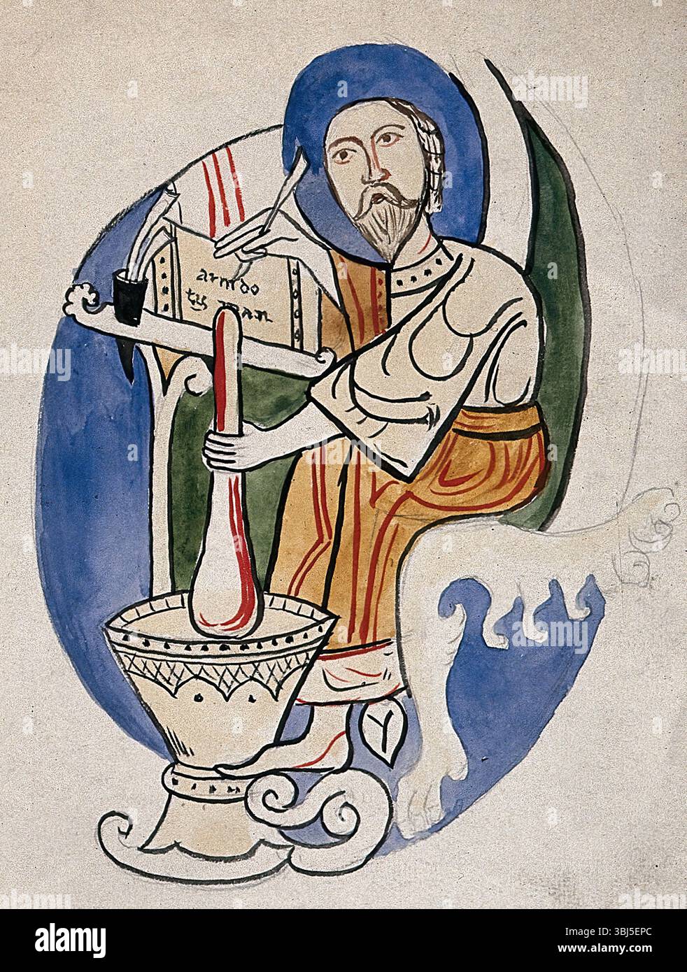 A scholar/apothecary mixing a concoction with a pestle and mortar and ...